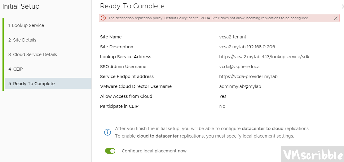 VCDA - The destination replication policy does not allow incoming ...