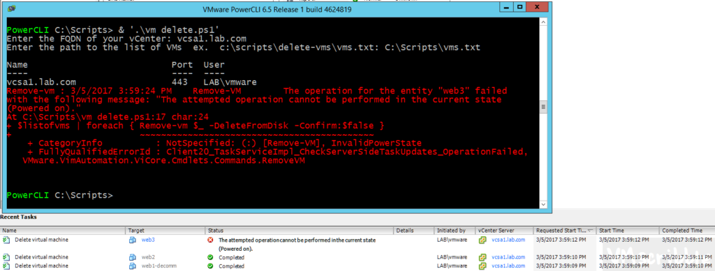 PowerCLI VM power state report and delete from disk - VMscribble